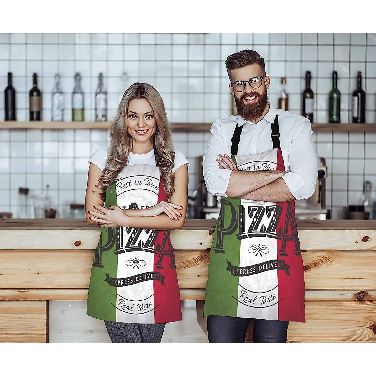WONDERTIFY Pizza Apron,Best in Town Pizzeria Retro Poster on Grunge Backgrounds Green White Red Bib Apron with Adjustable Neck for Men Women,Suitable for Kitchen Cooking Chef Grill Bistro BBQ Apron