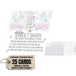 Unicorn Books for Baby Shower Cards - 25 Pack - Cute Invitation Inserts for Girls - Bring a Book Instead of Cards Poem - Storybook Theme Ideas