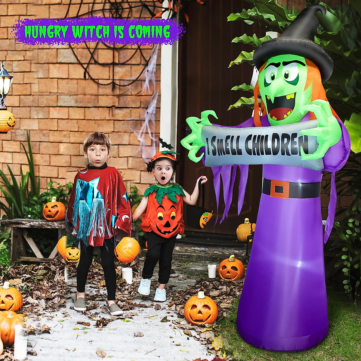 8FT Halloween Inflatable Witch Outdoor Decoration, Lighted Blow Up Yard Decor with Banner I Smell Children, Ghost Built-in Bright LED Light for Home Garden Ground Lawn Patio Outside Holiday Party Prop