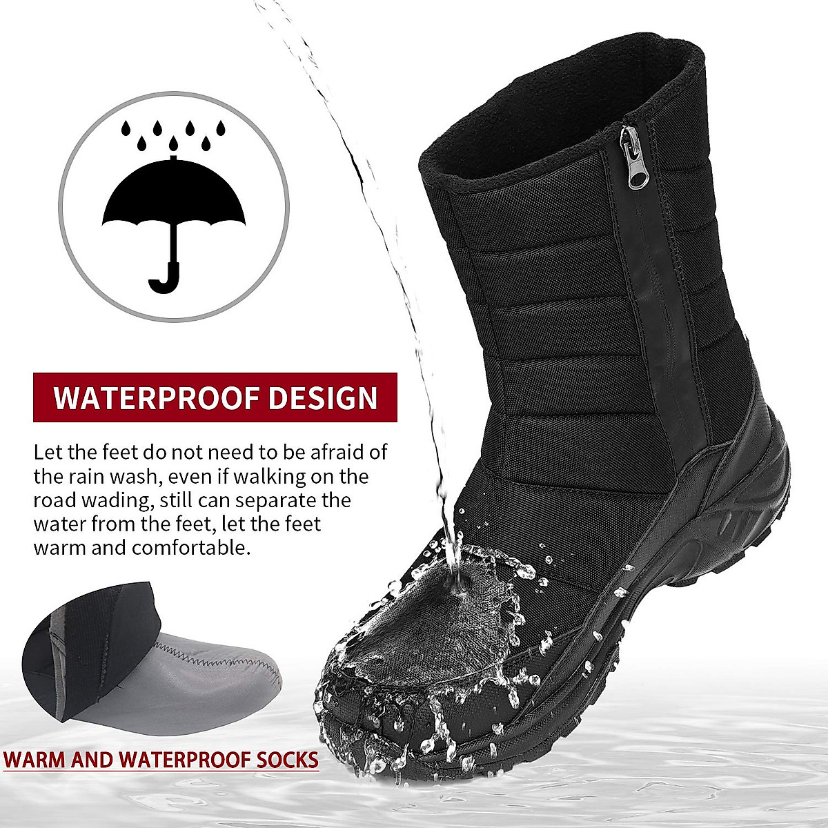 SILENTCARE Mens Winter Mid-Calf Snow Boot Fur Warm Waterproof Slip On Outdoor Athletic
