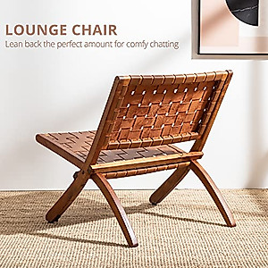 LUE BONA Folding Woven Leather Accent Chairs Set of 2, Cognac Leather Woven and Brown Wood, Midcentury Modern Lounge Chair, Scandinavian Rattan Low Chair for Living Room, Bedroom, Patio, Balcony
