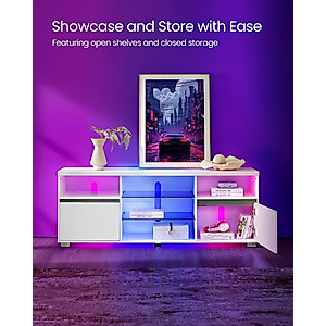 VASAGLE TV Stand with LED Lights for TVs up to 70 Inch, Entertainment Center with Open Glass Shelves, 2 Cabinets with Doors, 63-Inch Long, TV Console for Bedroom Living Room, White ULTV330T10