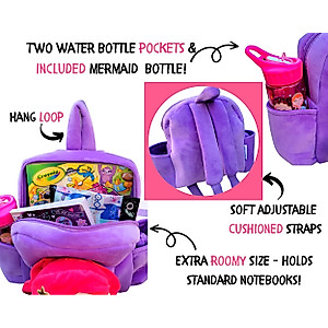 Q&M Novelties Mermaid Backpack & Bottle -11.5” Roomy Preschool Kids Backpack, Toddler Mermaid Toys, Stuffed Plush Mermaid Doll Toy, Mermaid Gifts for Girls Age 3, 4, 5, 6 (Mermaid Plush - Purple)