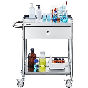 VEVOR Medical Trolley, Dual-Tier Stainless Steel Trolley with a 220 lbs Load Limit, Equipped with Quiet 360° Casters and a Drawer, Ideal for Laboratories, Clinics, Kitchens, and Salons