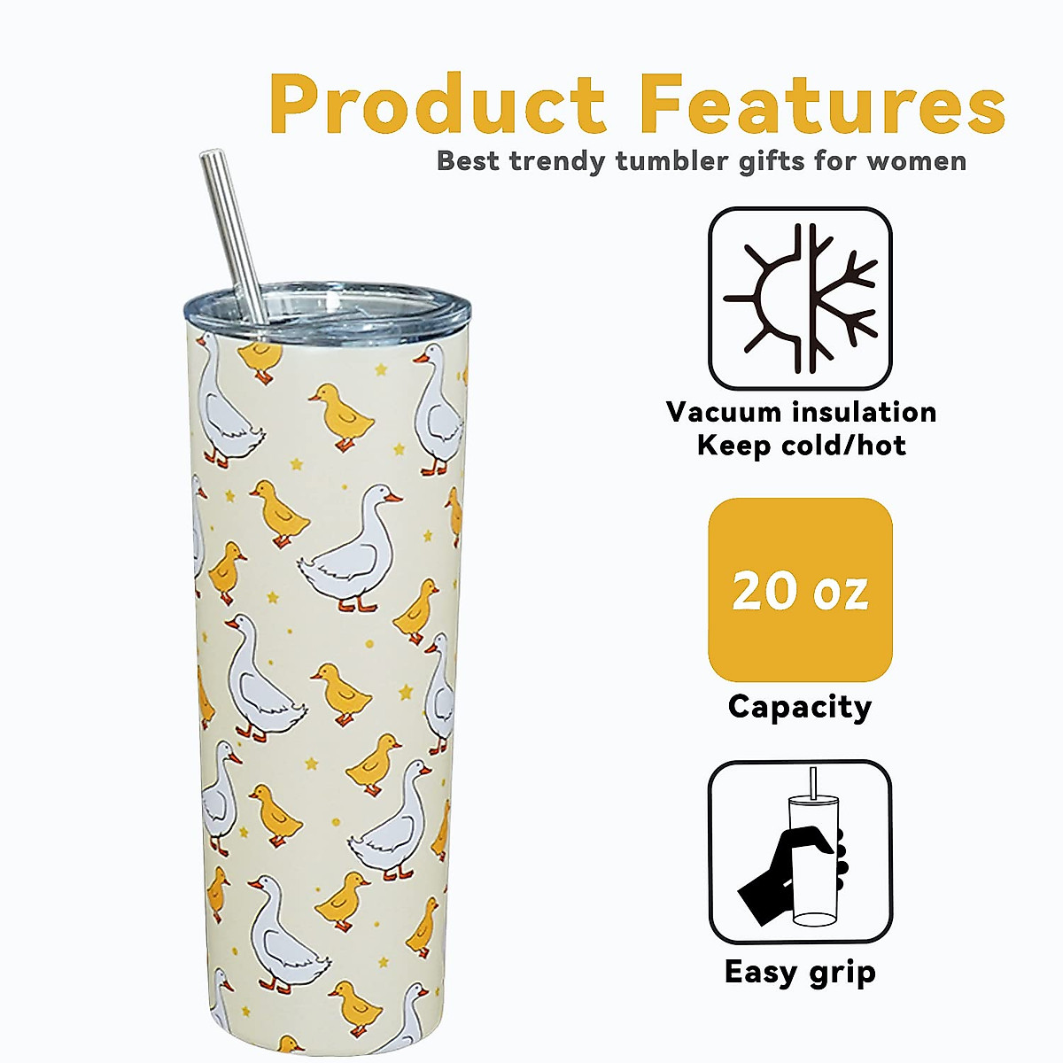 Duck Tumbler, Cute Skinny Tumbler with Straw and Lid - Yellow Duck Gifts for Women, Teens - Yellow Duck Coffee Cup/Coffee Mug, Kawaii Duck Things/Stuff/Decor, Double Wall Insulated Tumbler 20 Oz