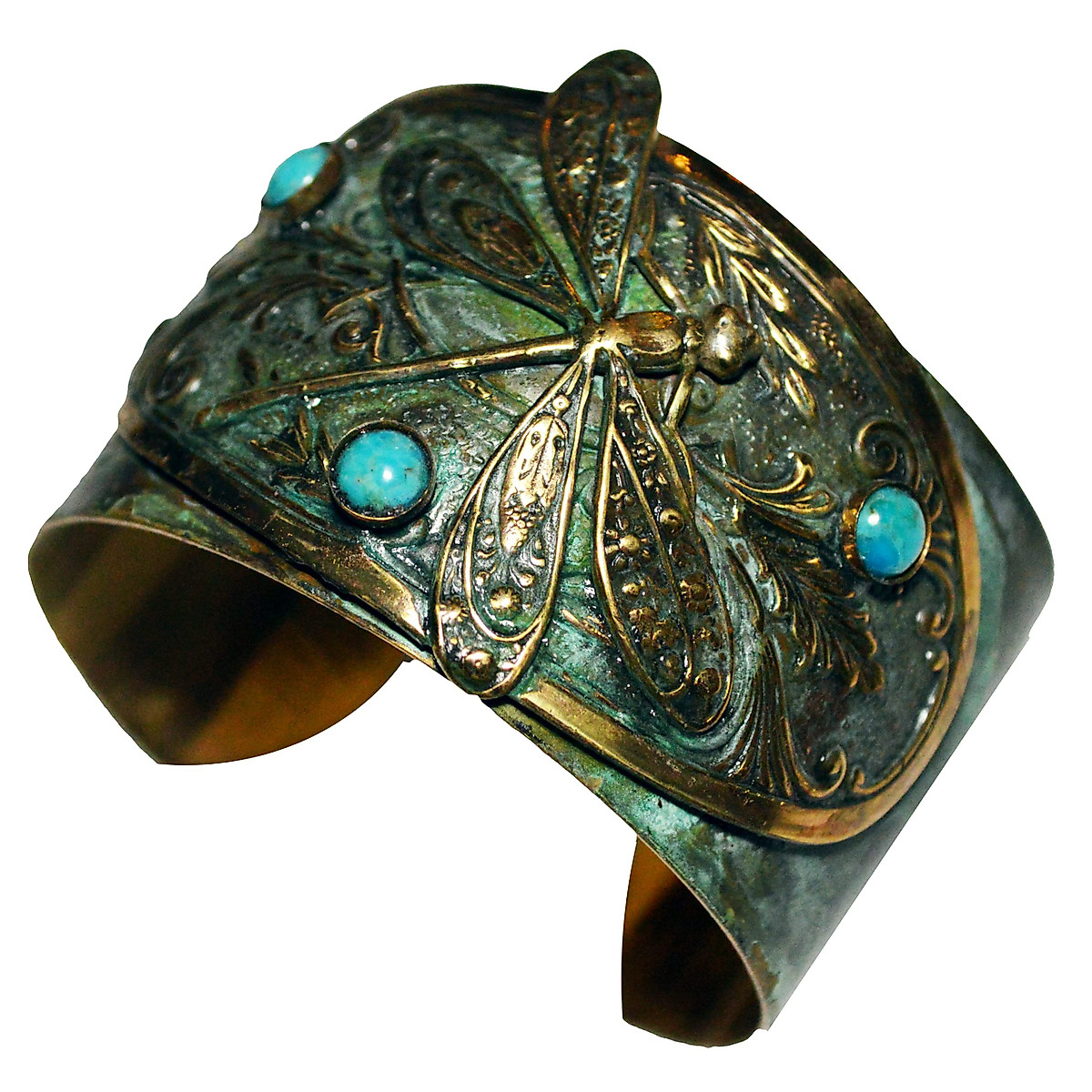 Elaine Coyne Collectible Artwear Verdigris Patina Brass Dragonfly Victorian Motif Cuff Bracelet - Turquoise - Vintage Limited Edition