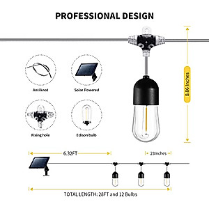 Nora Gift Solar Outdoor String Lights with 12 Edison Shatterproof Bulbs-28FT Commercial Grade Waterproof Strand,Haning String LED Lights Decor for Garden, Backyard, Porch, Café and Bistro