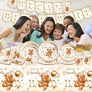 Teddy Bear Baby Shower Decorations for Boy-142Pcs We Can Bearly Wait Tableware,Brown Bear Theme Plates and Napkins Set Serves 20 Guests,Teddy Bear Baby Shower Birthday Party Supplies