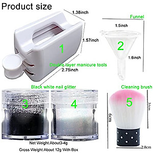 2 Boxes Holographic Nail Glitter Powder White Black Shining Sugar,1 Pieces Dip Powder Recycling Tray System Dip Case,1PCS Soft Nail Art Powder Brush Funnel,Nails Art Decoration DIY Crafts