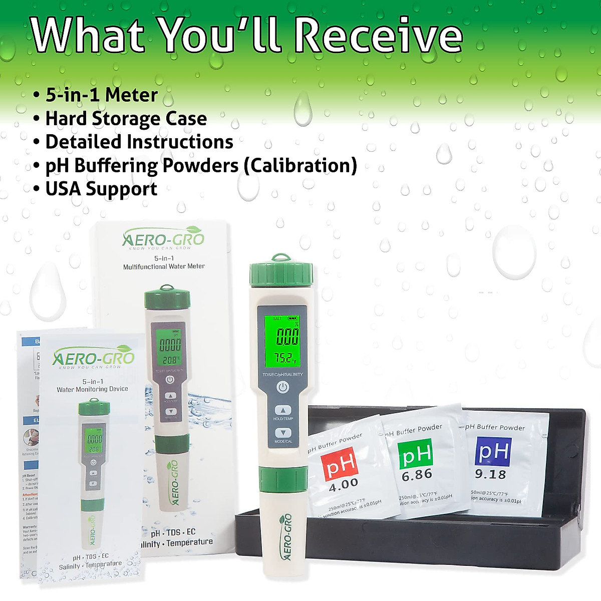 AERO-GRO Digital 5-in-1 Meter: 5 Functions: pH, TDS, EC, Salinity%, Salinity ppm, and Temp, IP67 Waterproof, Pen-Type Tester for Hydroponics, Water, Wine, Spas, Aquariums