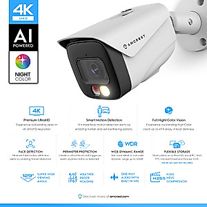 Amcrest 4K IP PoE AI Camera UltraHD 8MP Security Outdoor Camera, FOV 129°, 49ft Color Nightvision, Human & Vehicle Detection, IP67 Weatherproof, 4K (3840x2160) @15fps, White, IP8M-2796EW-AI