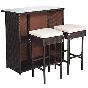 DORTALA 3 Pieces Rattan Patio Bar Table & Stool Set, Patio Furniture Set for Lawn Pool BackyardFront Porch, Dining Set w/Cushion, Beige
