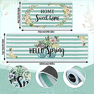 Hello Spring Sweet Home Kitchen Rugs Sets of 2 Spring Flowers Non Slip Floor Mat Watercolor Stripes Decorative Rug Washable Rubber Backing Inside Door Mat Pad for Kitchen Bathroom Farmhouse Decoration