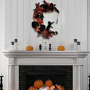 Pacoco Halloween Wreaths Decor with Lights for Front Door, 13.77" Halloween Moon Wreath with Black Cat Wood Wreath Halloween Wreath Horror Decorations for Home Party Window Wall Indoor Outdoor (03)