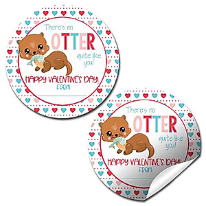 Cute Otter Themed Valentine Party Favor Sticker Labels for Kids, 40 2" Party Circle Stickers by AmandaCreation, Great for Classroom Valentines, Envelope Seals, Gifts & Treats