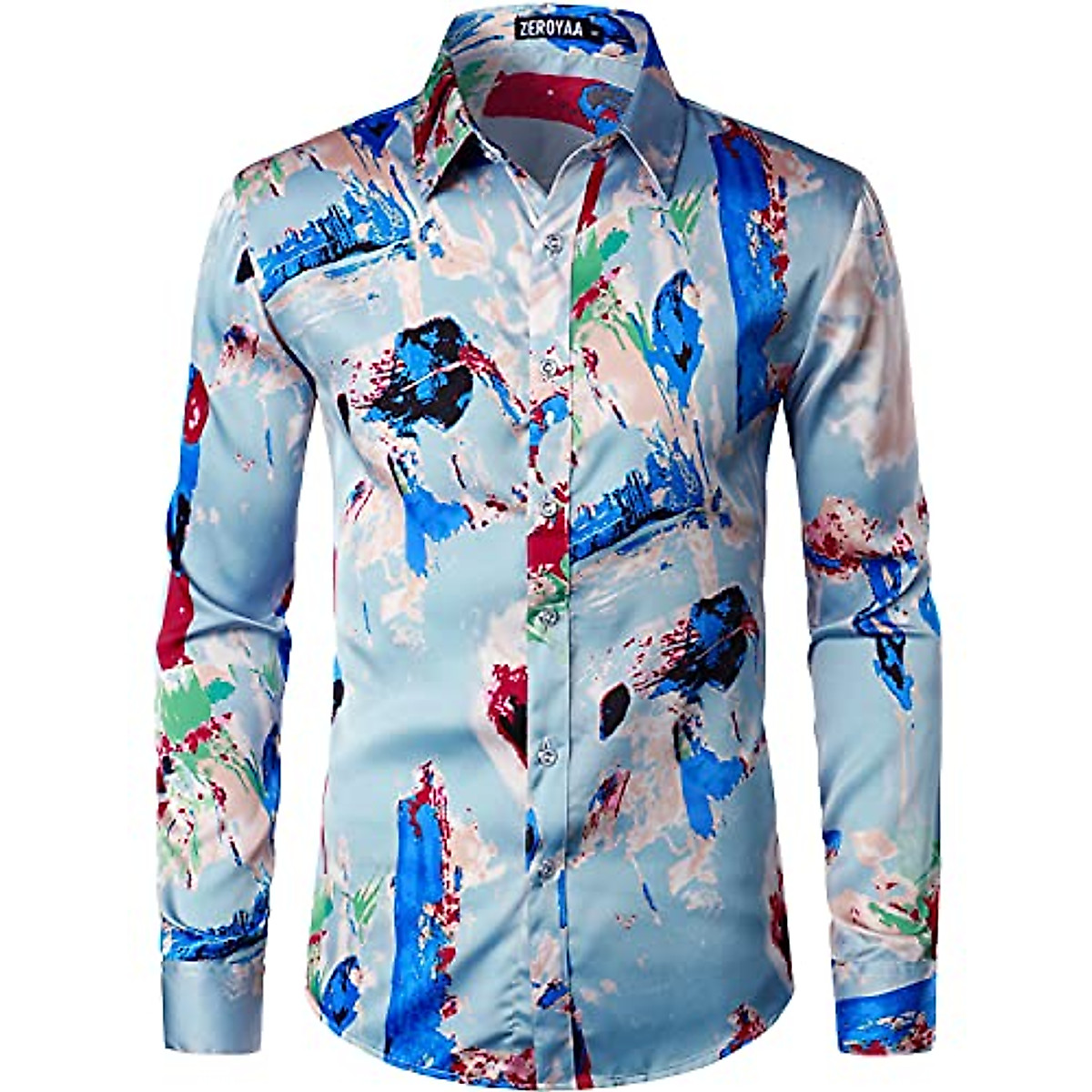 ZEROYAA Men's Hipster Splash Printed Slim Fit Long Sleeve Button Up Satin Dress Shirts for Party Prom ZLCL36-101-Blue X-Large