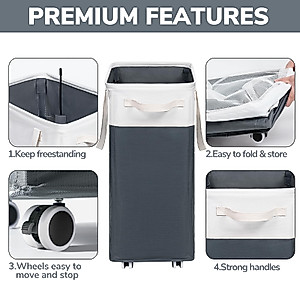 Goodpick Laundry Basket with Wheels, 75L Collapsible Tall Laundry Hamper, Large Laundry Basket with Removable Wash Bag for Corner Dorm, Rolling Slim Laundry Basket on Wheels, Grey&White
