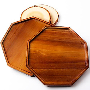 10 Inch Solid Acacia Wood Serving Platters and Trays Set of 2 Highly Durable Dishwasher Safe Octagon Party Plates Avoid Sliding and Spilling Food with Easy Carry Grooved Handle Design