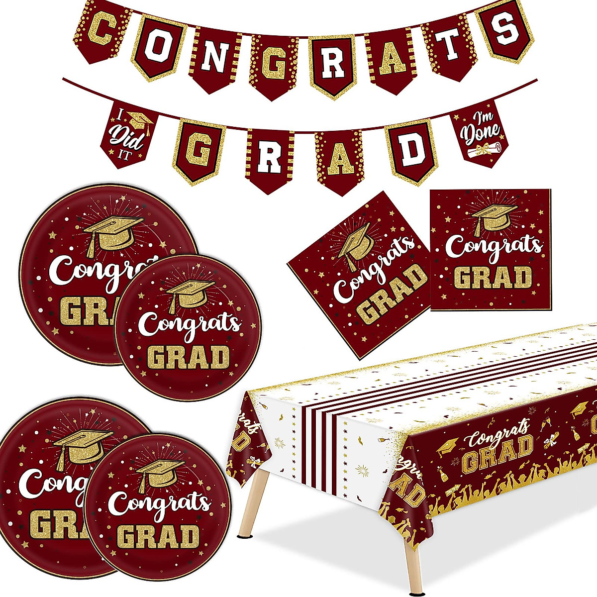 Maroon and Gold Graduation Party Tableware Kit for 24 Guests Class of 2025 Graduates Decorations and Supplies with Congrats Grad Banner, Plates, Graduation Tablecloth, Napkins and More