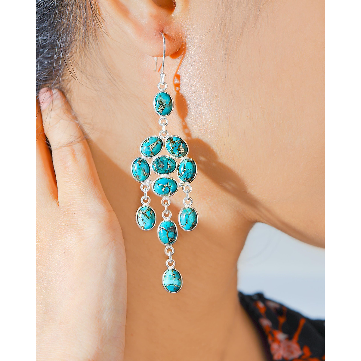 YoTreasure Blue Copper Turquoise 925 Sterling Silver Fishhook Chandelier Earrings Birthstone Fine Jewelry for Women
