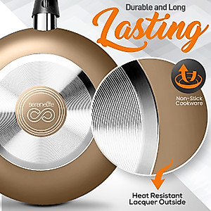 SereneLife Kitchenware Pots & Pans Basic Kitchen Cookware, Black Non-Stick Coating Inside, Heat Resistant Lacquer (11-Piece Set), One Size, Gold