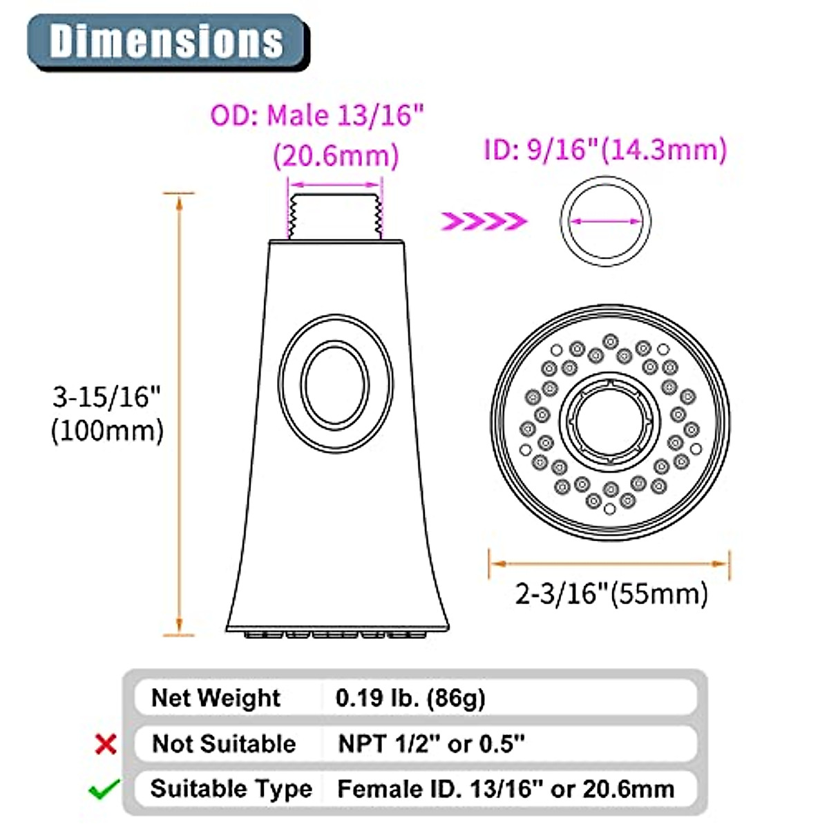 Kitchen Faucet Spray Head, Angle Simple Kitchen Sink Pull Down Faucet Sprayer Nozzle Pull Out Hose Spray Head Spout Replacement Part Pull Out Faucet Spray Assembly G 1/2, Brushed Nikcel