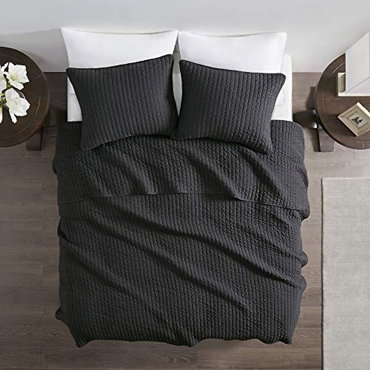 Madison Park Keaton Quilt Set-Casual Channel Stitching Design All Season, Lightweight Coverlet Bedspread Bedding, Shams, King/Cal King(104"x94"), Stripe Black