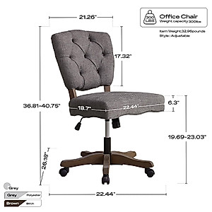 HUIMO Upholstered Swivel Desk Chair Chenille Tufted Fabric Home Office Chair with Wheels Adjustable Height Classic Task Chair with Wooden Legs Comfortable Armless Chair for Studio Study (Grey)