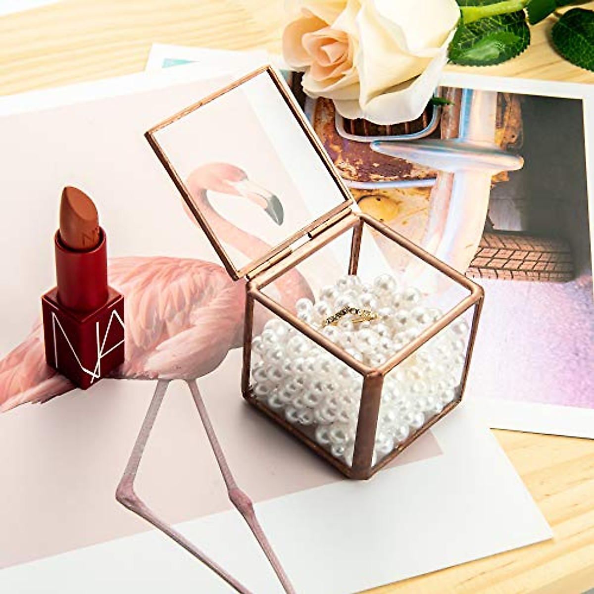 Feyarl Tiny Clear Glass Jewelry Trinket Box Ornate Rings Earrings Shadow Organizer Treasure Chest Decorative Keepsake Case with Lid for Wedding Birthday Gift (Brass)