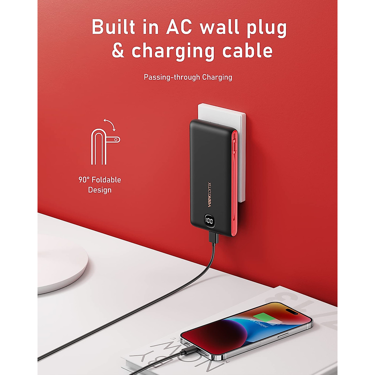 VEEKTOMX Portable Charger with Built in Cables 22.5W 10000mAh, Power Bank for iPhone with AC Wall Plug, Fast Charging USB C Slim Battery Pack with LED Display Compatible with iPhone15/14/13, Samsung