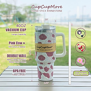 Cupcupmore 40oz Pink Cow Bling Rhinestone Stainless Steel Sippy Tumbler Glitter Vacuum Insulated Water Bottle with Straw & Lid & Handle,Thermos for Hot & Cold Drinks,Car Cup Holder,Coffee