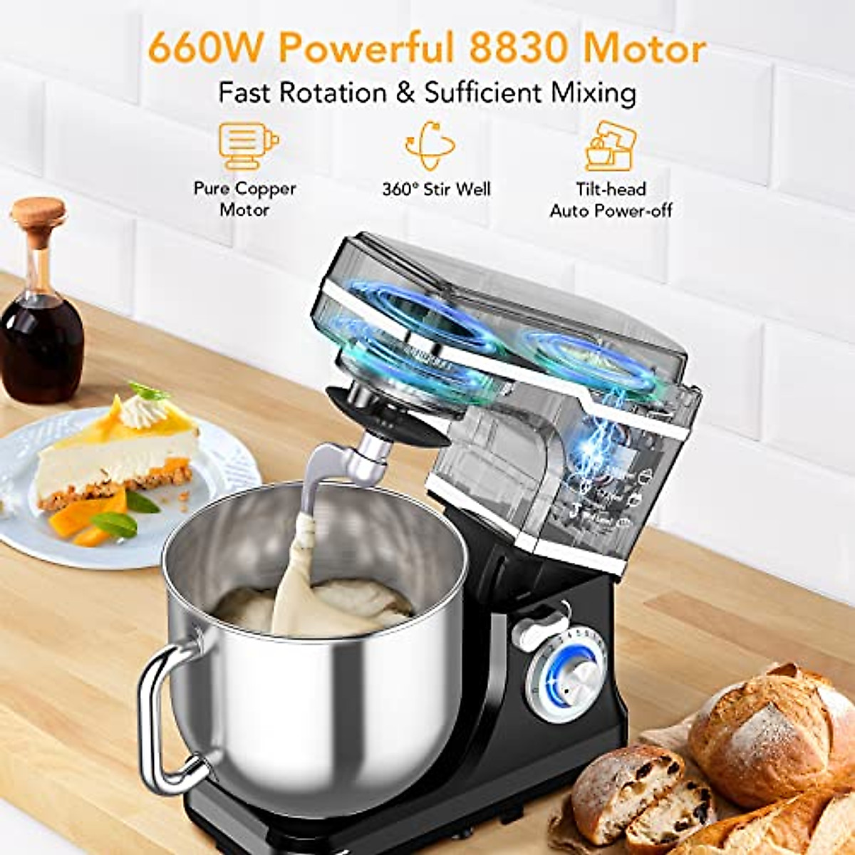 FlexWill Stand Mixer 7.5QT Dough Mixer 10 Speeds Tilt-Head Food Mixer Electric Stand Mixer with Stainless Steel Bowl, Dough Hook, Egg Whisk, Flat Beater, Splash Guard 300W Cake Mixer Black (MC1)