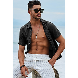 JMIERR Mens Summer Casual Stylish Short Sleeve Button-Up Shirts Cotton Linen Solid Color Business Dress Shirts Beach T Shirt, 2XL, Black