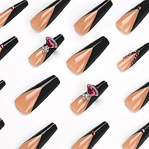 24Pcs Long Press on Nails Black Square Fake Nails French Tip 3D Metal Planet Glue on Nails wiht Rhinestones Acrylic Nails Black Tips Nude False Nails for Women Manicure Decorations