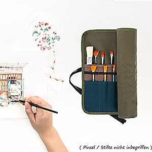 Kaaltisy Artist Paintbrush Carry Pouch, Heavy Duty 16oz Waxed Canvas Pencil & Brush Storage Bag, 20 Slots Paintbrush Organizer Case (Army Green)