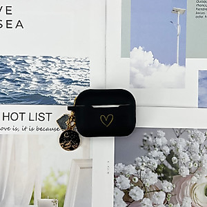 AIIEKZ Compatible with AirPods Pro 2 Case Cover 2022, Soft Silicone Case with Gold Heart Pattern for AirPods Pro 2nd Generation Case with Pendant Keychain for Girls Women (Black)