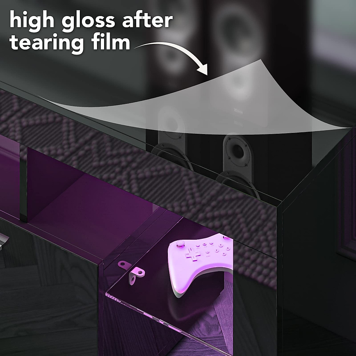 Entrintou Modern LED TV Stand for 55 inch TV with Shelves and Large Storage, Rustic Entertainment Center, Corner Small Television Stand, Black Table Top Gaming Glossy TV Stand for Living Room, Bedroom