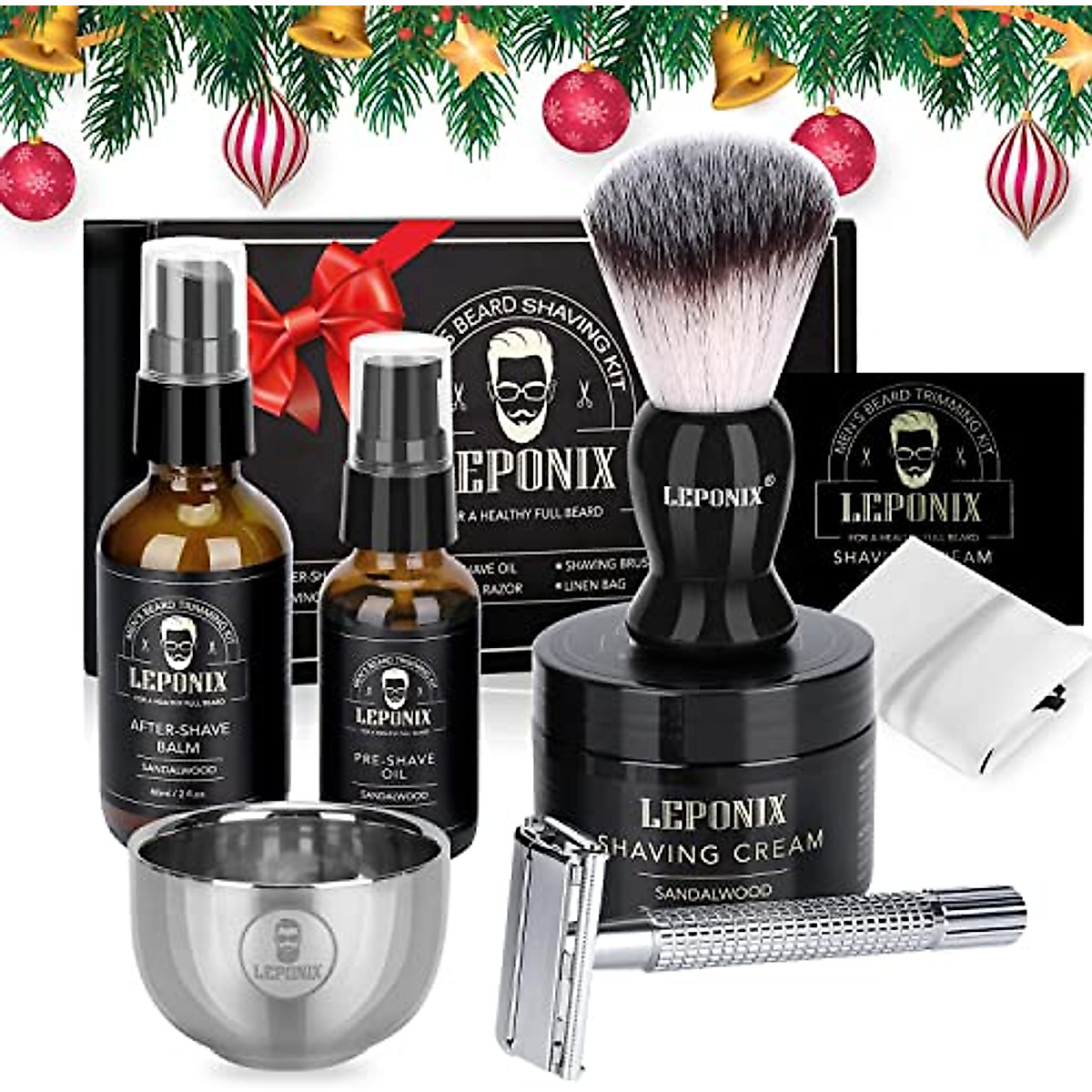 Shaving Kit for Men, Include Safety Razor, Sandalwood Shaving Cream, Mens aftershave, Pre Shave Oil, Shaving Brush and Bowl, Shaving Apron Bib -Unique Gifts for Men Him Stocking Stuffers