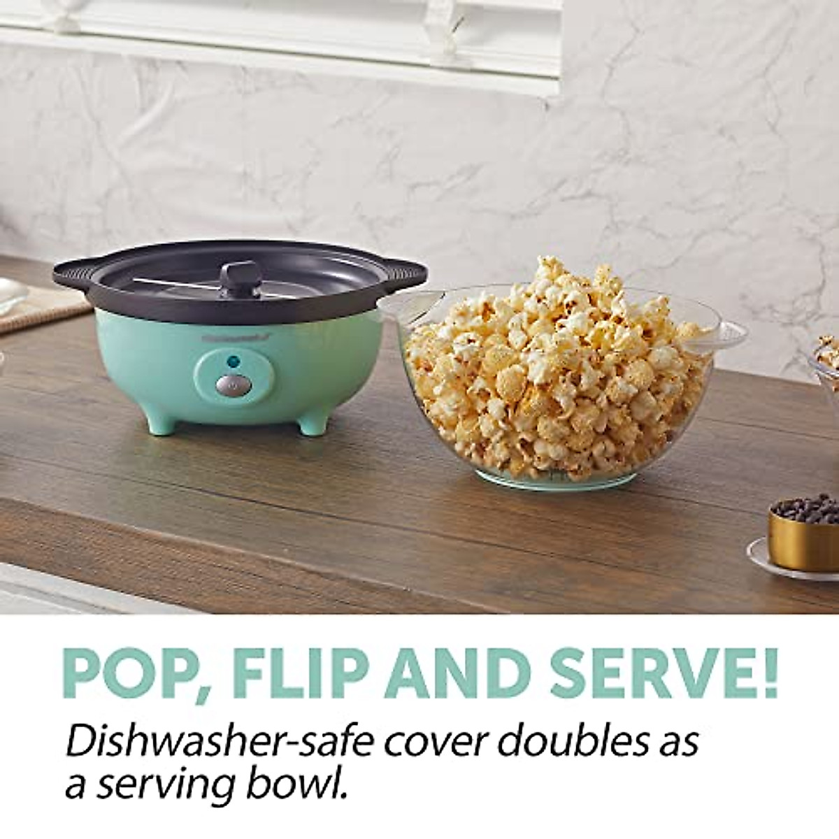 Elite Gourmet Automatic Stirring Popcorn Maker Popper, Electric Hot Oil Popcorn Machine with Measuring Cap & Built-in Reversible Serving Bowl, Great for Home Party Kids, Safety ETL Approved, Mint