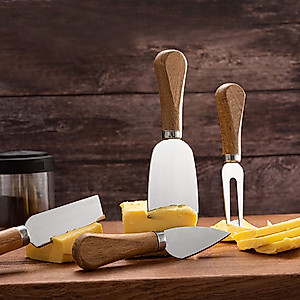 4 Piece Set Cheese Knife - Stainless Steel Cheese Cutter Board and Slicer, Fork Shaver and Spreader with Wood Handle, Sharp Butter Knife and Spatula for Cake Cutlery