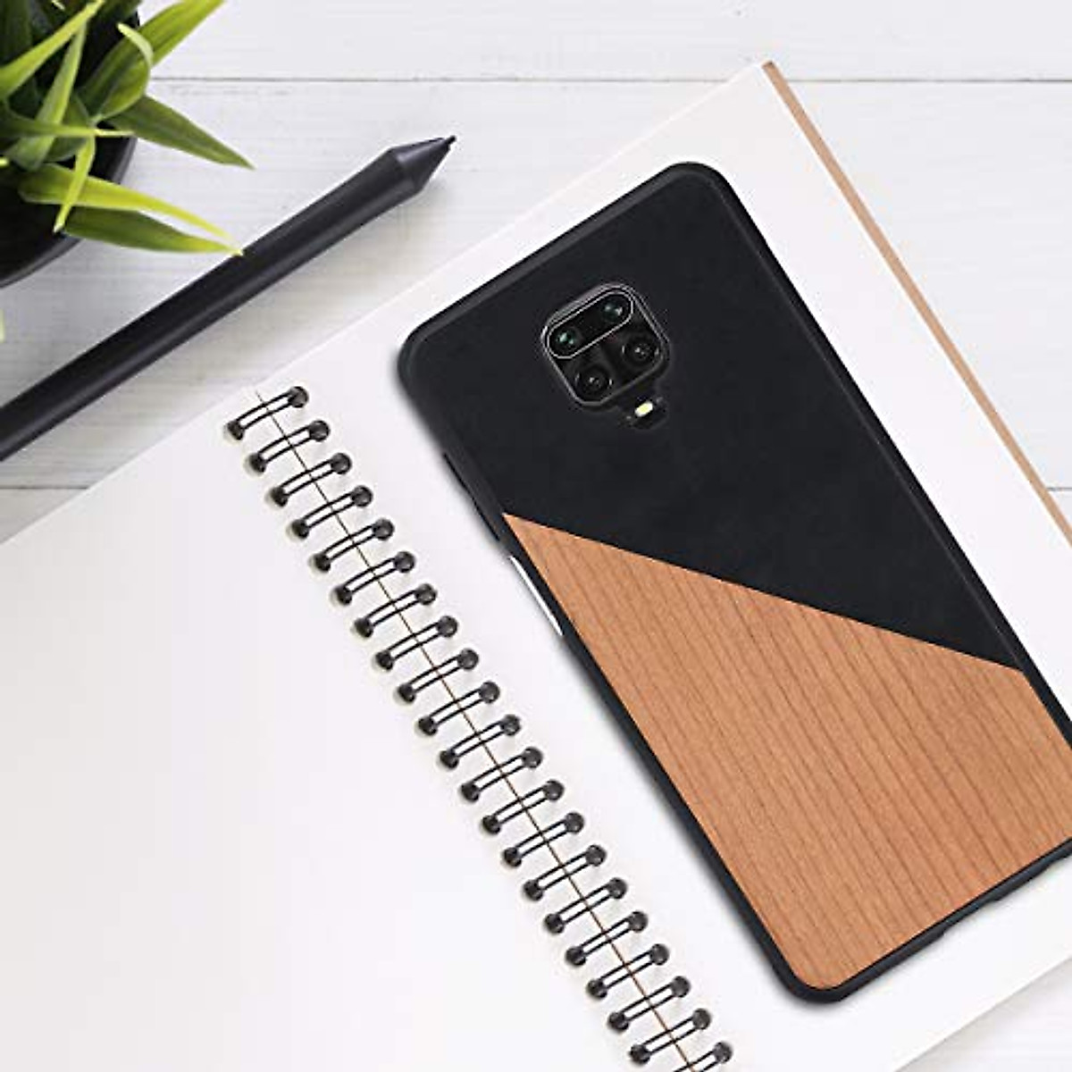 kwmobile Case Compatible with Xiaomi Redmi Note 9S / 9 Pro / 9 Pro Max - Hard Cover with TPU Bumper and PU Leather/Wood Design - Two-Tone Wood Black/Brown