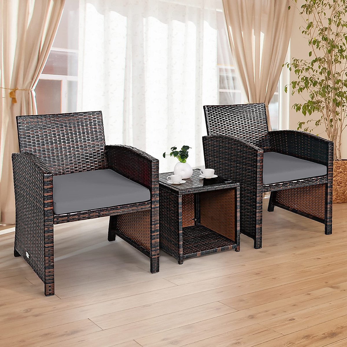 Tangkula 3-Piece Outdoor PE Rattan Furniture Set, Patio Conversation Set w/Chair & Storage Coffee Table, Detachable Cushion, Stable X-Shaped Frame, Perfect for Garden, Backyard, Poolside (Grey)