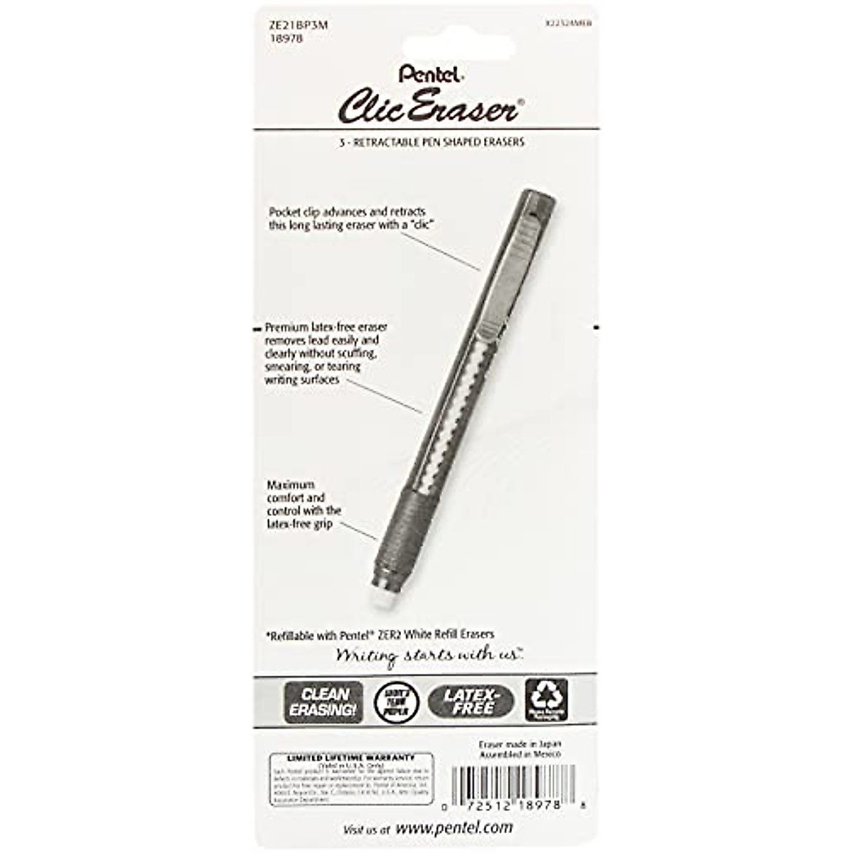 Pentel Clic Retractable Eraser with Grip, 3 Pack