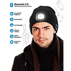 Wmcaps Bluetooth Beanie with a Light, Unisex USB Rechargeable 4 LED Fashlight Hat with Cordless Headphones, Unique Christmas Birthday Gifts for Men Him Husband Teen Black