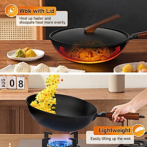 HIHEGD Carbon Steel Wok, 13 Inch Wok Pan with Lid Woks & Stir-Fry Pans with Spatula, No Chemical Coated Flat Bottom Wok for Induction, Electric, Gas Stove, All Stoves