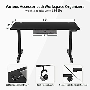 FEZIBO 55 x 24 Inches Standing Desk with Drawer, Adjustable Height Electric Stand up Desk, Sit Stand Home Office Desk, Ergonomic Workstation Black Steel Frame/Black Tabletop
