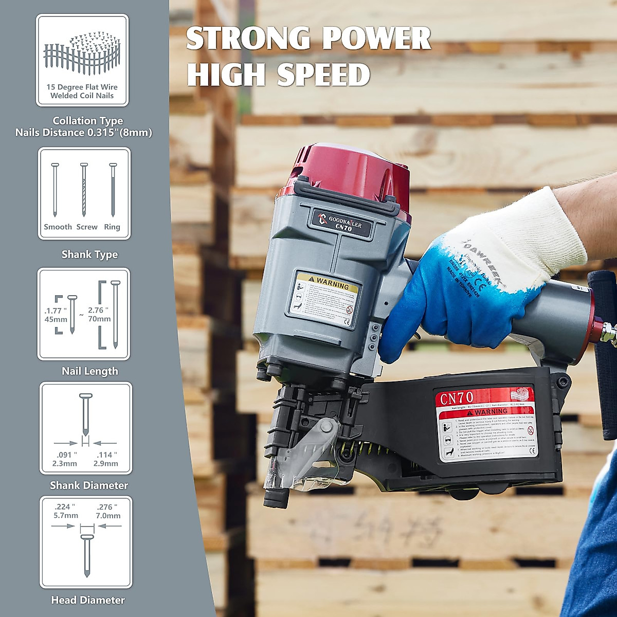 Goodnailer CN70 Air Coil Nailer 15 Degree 1-3/4-Inch to 2-3/4-Inch Coil Nail Gun Fast Shooting For Wooden Pallet Packing Wood Fencing