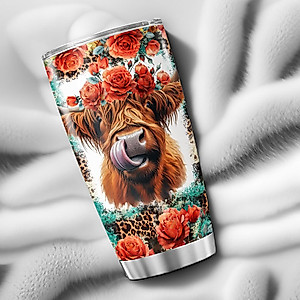 Salty Heifer, Tumbler 20 Oz With Lid And Straw, Leopard Print Flower Floral, Highland Cow Gifts