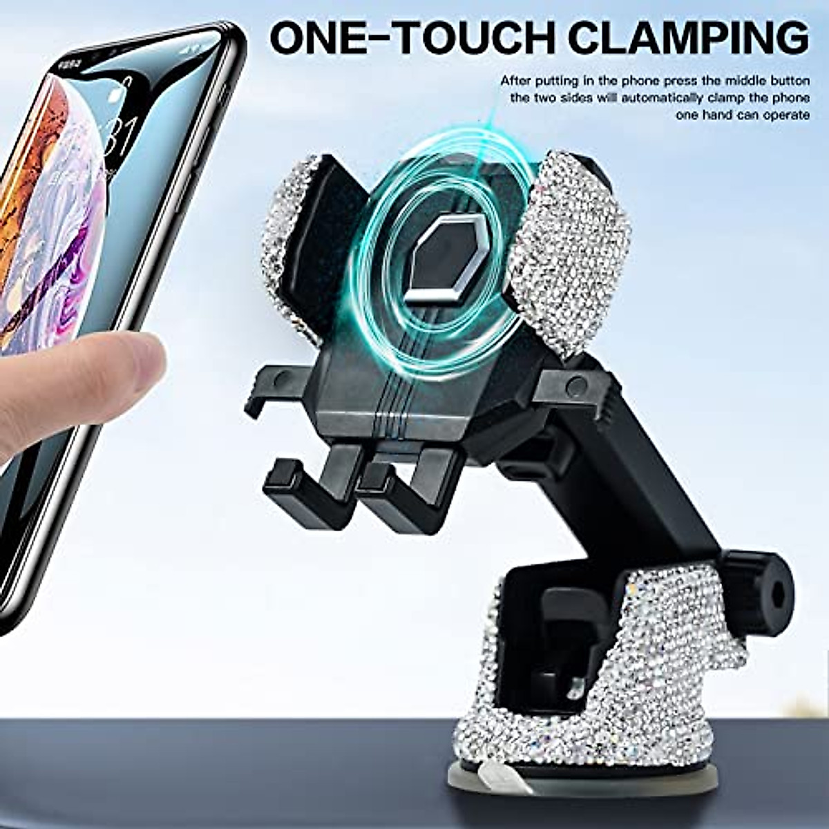 LOVYNO Bling Car Phone Holder, Bling Universal Phone Mount Holder, 360°Adjustable Bling Car Phone Mount, Bling Crystal Car Phone Holder for Car Air Vent Dashboard Windshield (White)