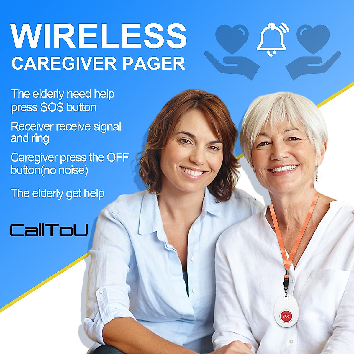 CallToU Caregiver Pager Wireless Call Buttons for Elderly, Portable Nurse Call Bell 600+ Feet for Elderly Monitoring, Alert Button for Seniors 1 USB Receiver 2 Call Button